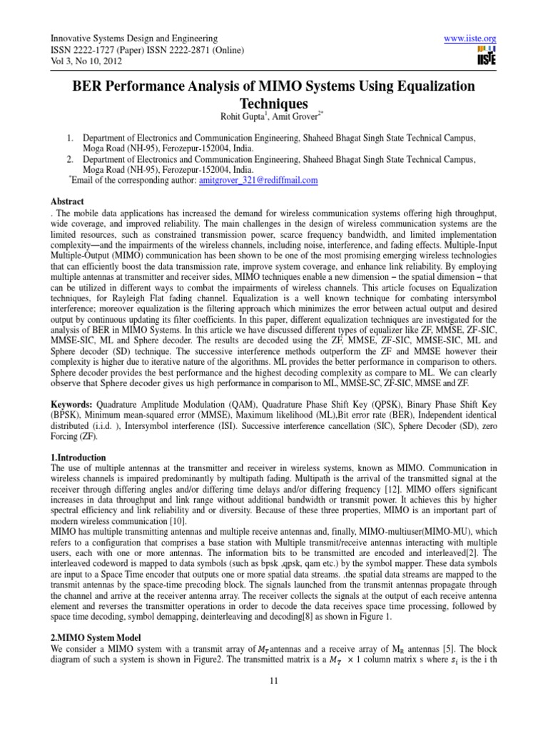 GUPTA - BER Performance Analysis of MIMO Systems Using Equalization Techniques | PDF | Mimo | Radio