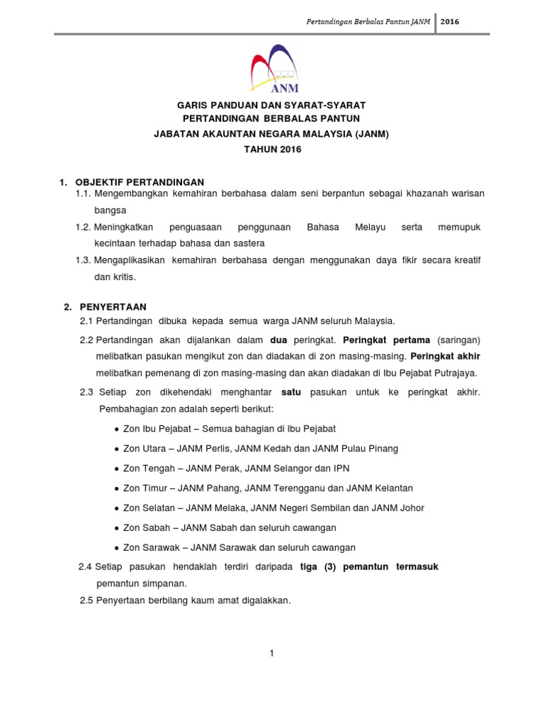 Garis Panduan & Syarat Pertandingan Berbalas Pantun Janm 2016 | PDF Garis Panduan & Syarat Pertandingan Berbalas Pantun Janm 2016 | PDF