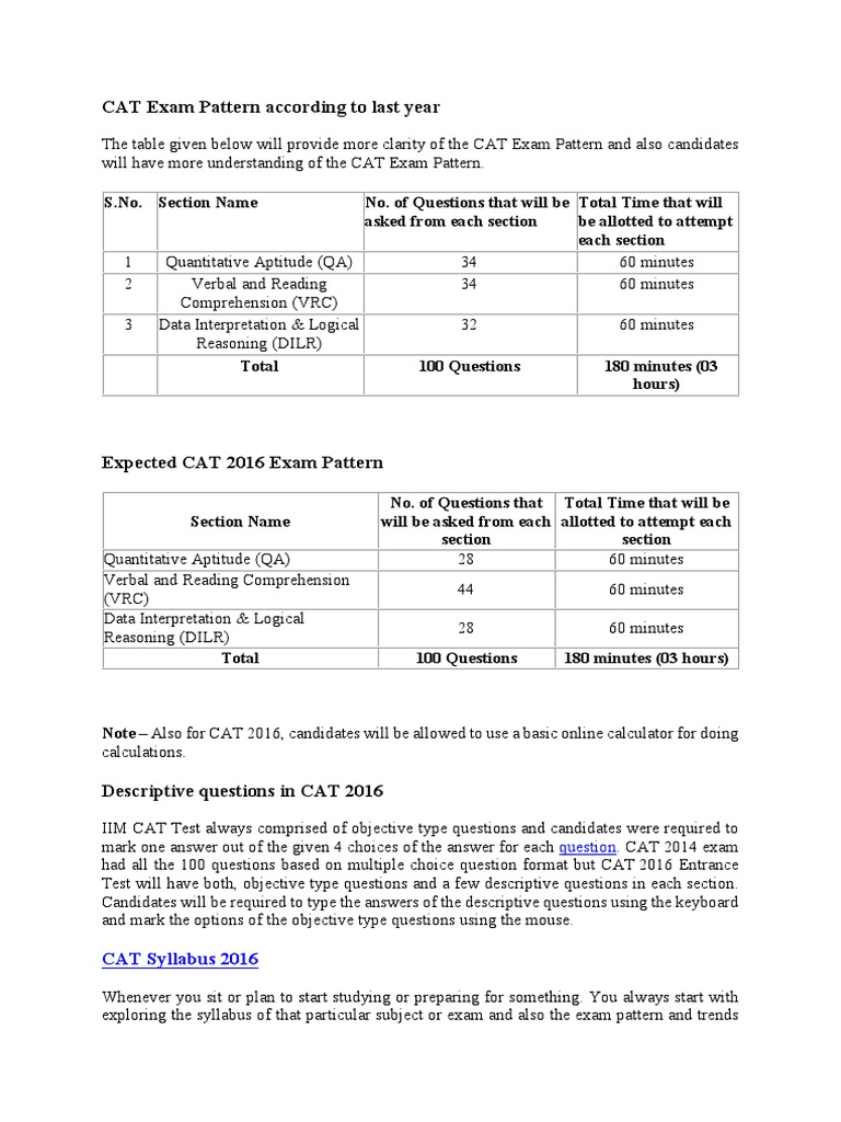 Cat Exam Pattern According To Last Year Pdf Test Assessment