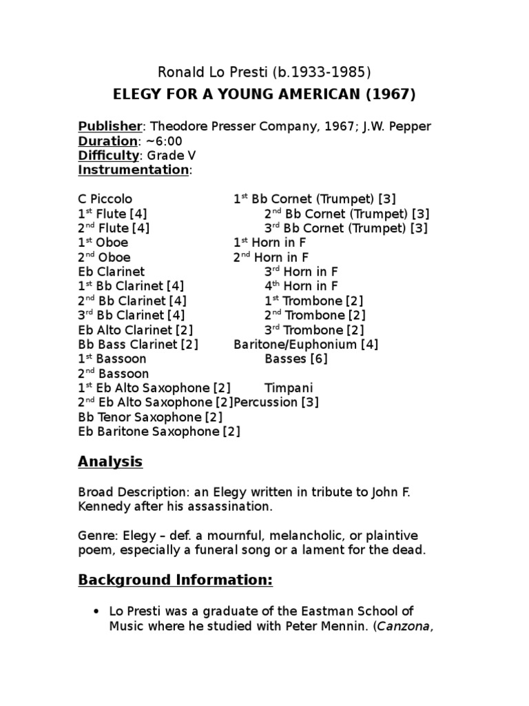 Lo Presti - Elegy For A Young American | PDF | Saxophone | Clarinet