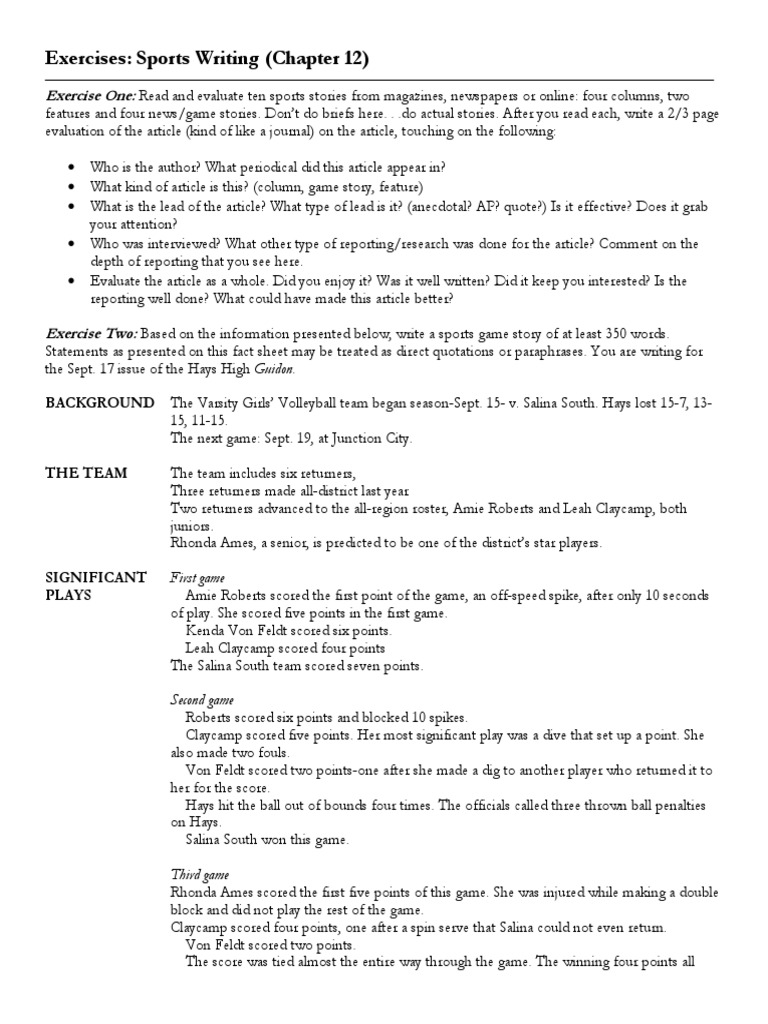 Exercises: Sports Writing (Chapter 12) : Exercise One | PDF | Sports ...