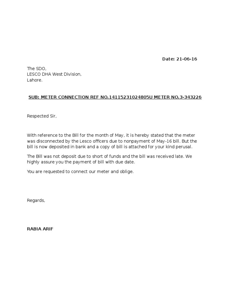 Request for Reconnection of Electricity Meter After Late Payment of May ...