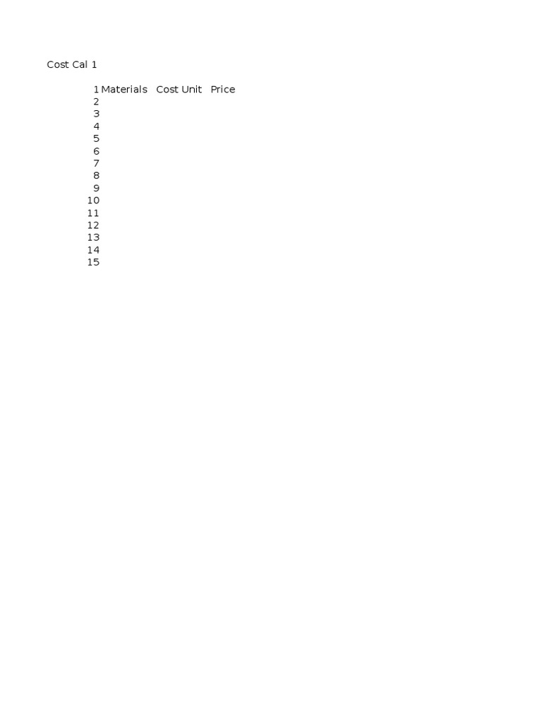 Cost Cal 1 1 Materials Cost Unit Price 2 3 4 5 6 7 8 9 10 11 12 13 14 ...