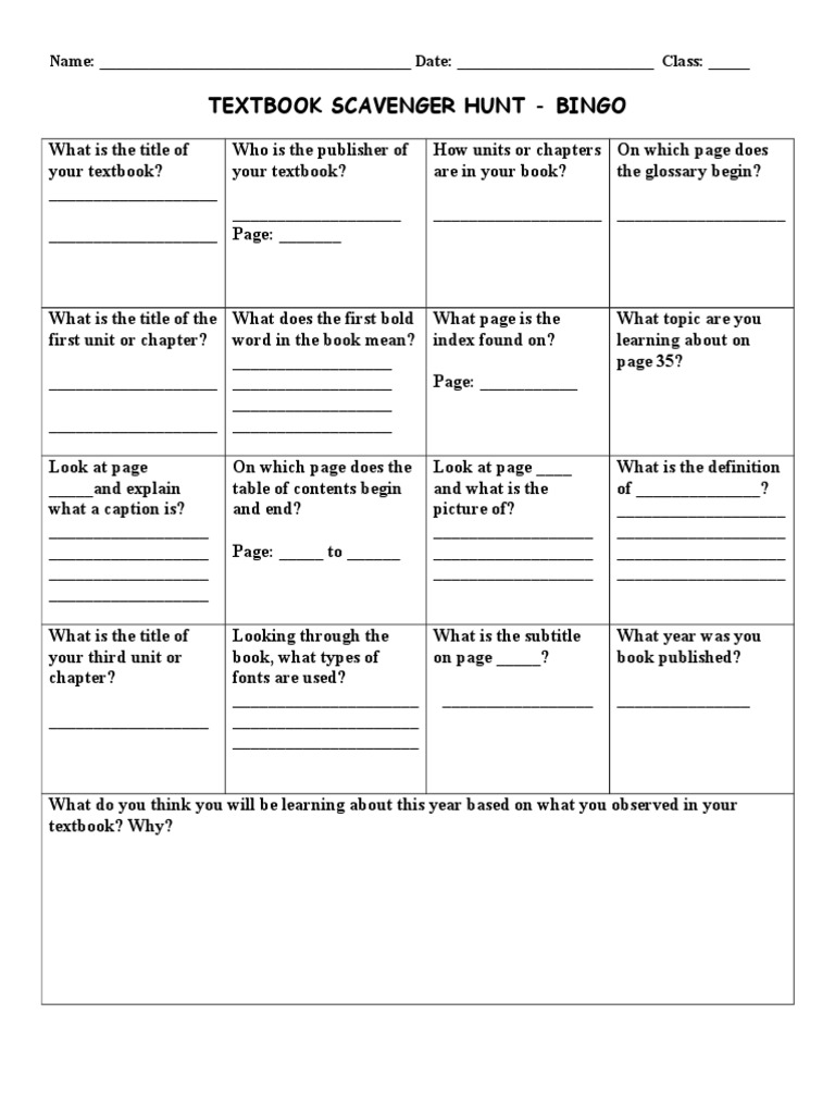 Textbook Scavenger Hunt Bingo Guide | PDF | Career & Growth