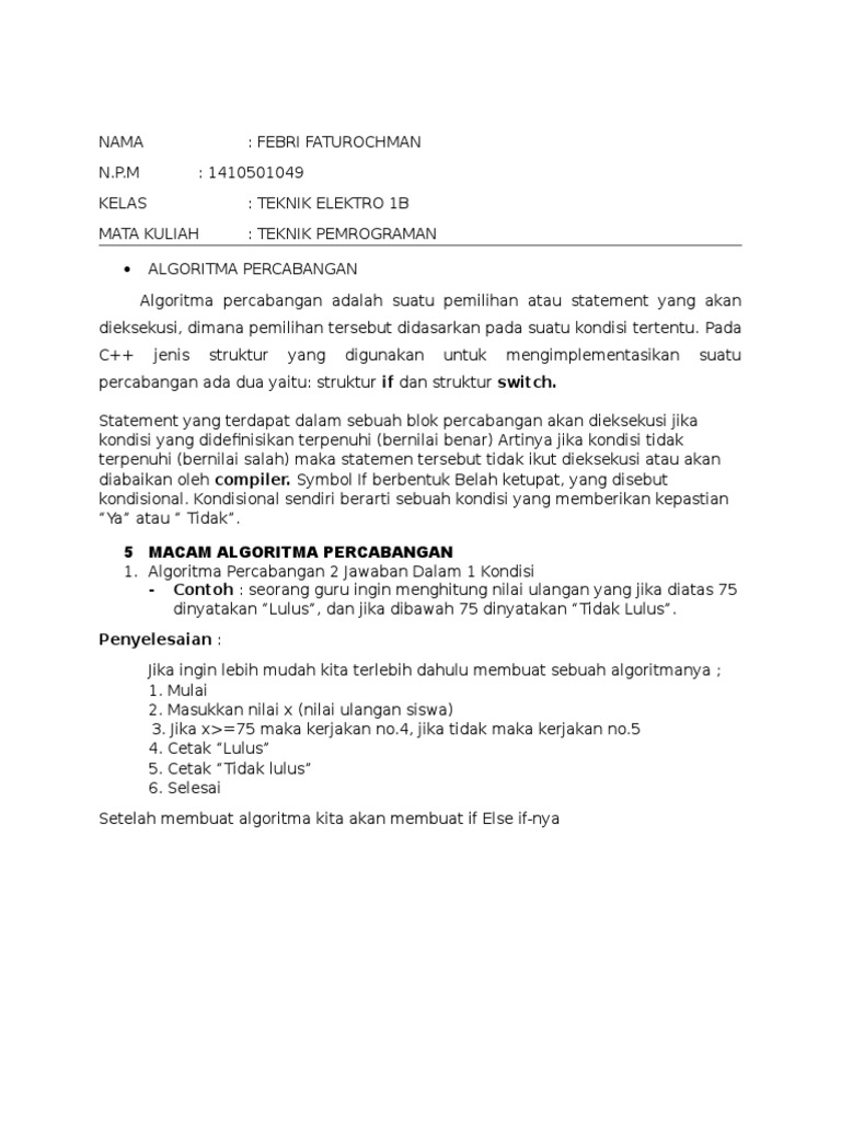 Algoritma Percabangan (Febri Faturochman - 1410501049) | PDF | Karier & Perkembangan | Metode ...