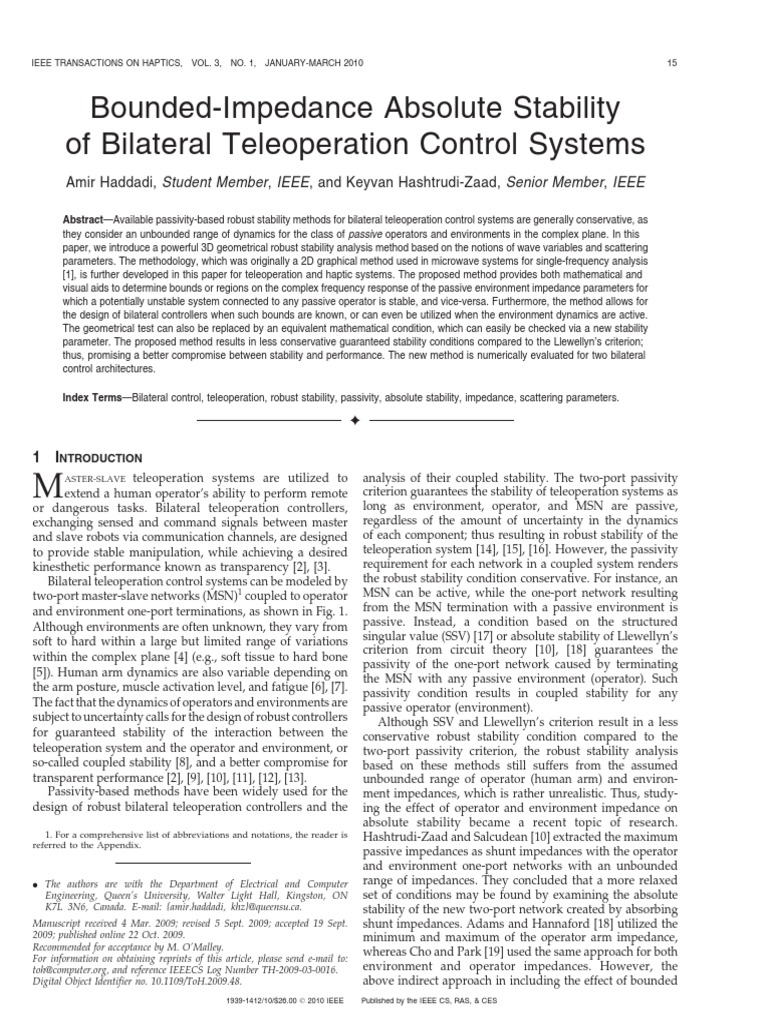 Bounded-Impedance Absolute Stability of Bilateral Teleoperation Control ...