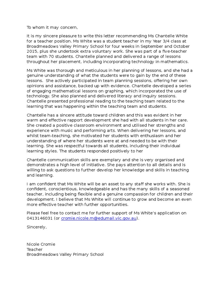 Chantelle Letter of Reference 1 | PDF | Teachers | Applied Psychology