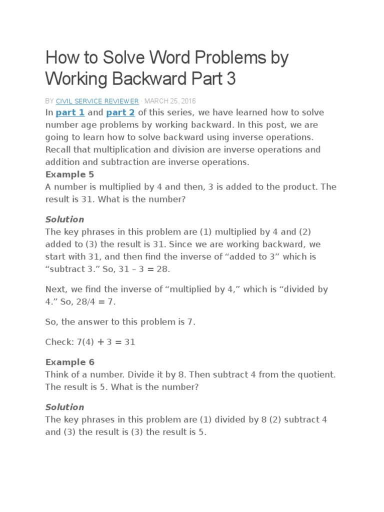 How To Solve Word Problems by Working Backward Part 3 | PDF | Reading ...