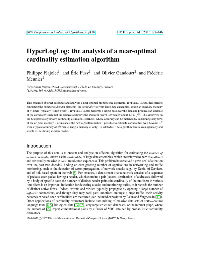 Hyperloglog: The Analysis of A Near-Optimal Cardinality Estimation Algorithm | PDF