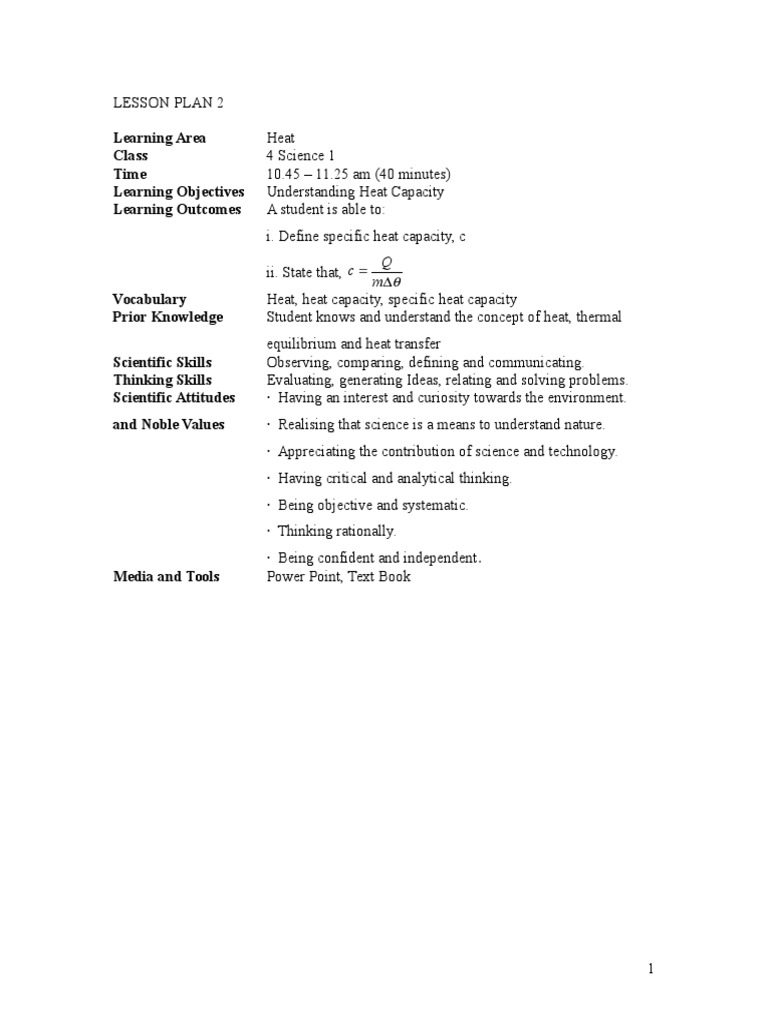 Lesson Plan Specific Heat Capacity by Arina | PDF | Heat | Heat Capacity