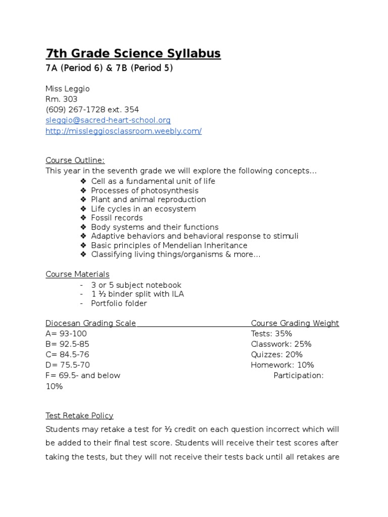 7th Grade Science Syllabus: 7A (Period 6) & 7B (Period 5) | PDF | Lifestyle