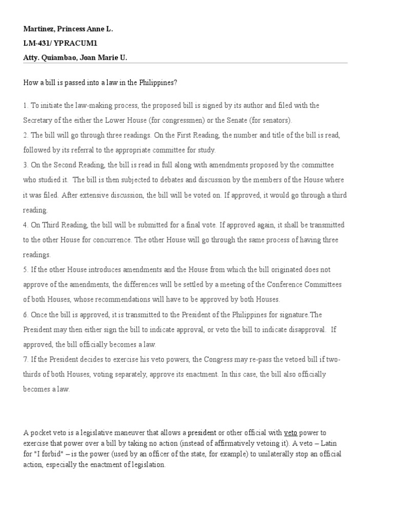 How A Bill Is Passed Into A Law in The Philippines? | PDF | Veto | Bill ...