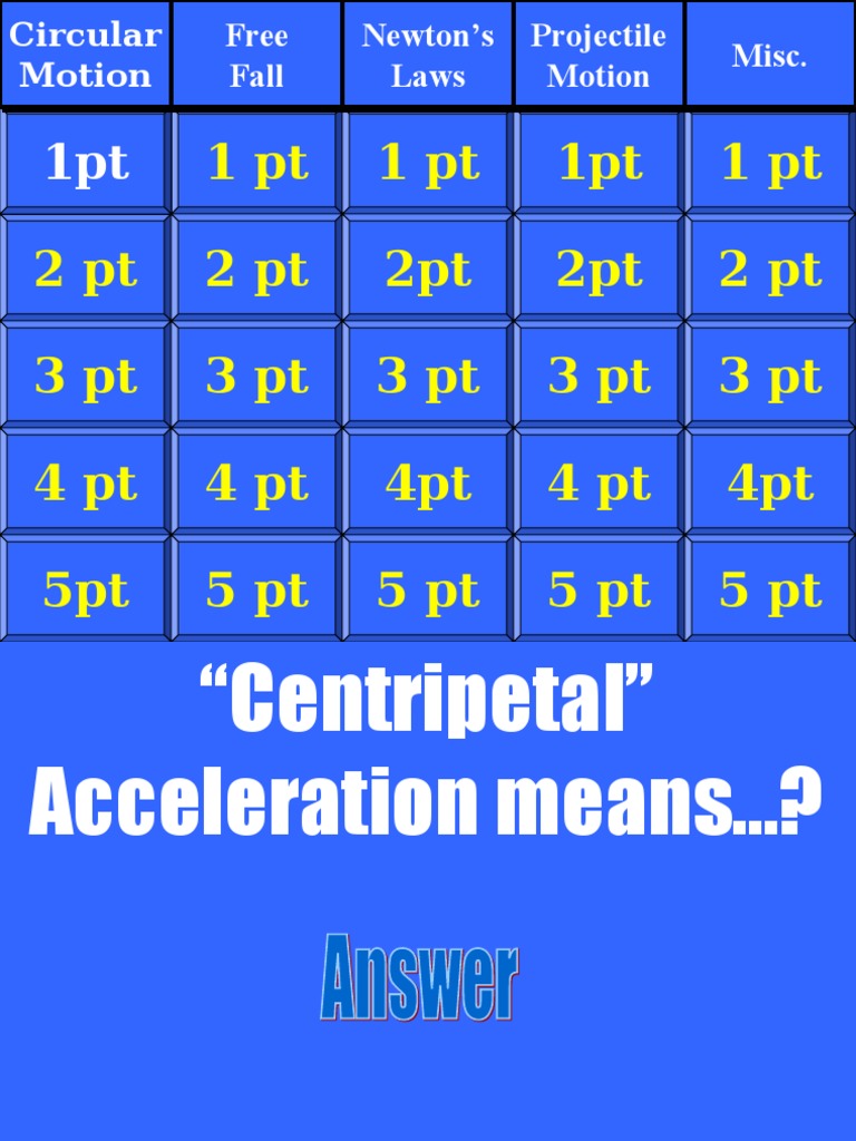 Physics Jeopardy Game - Forces & Motion | PDF | Acceleration | Inertia
