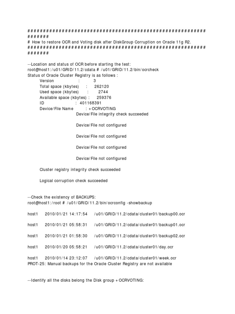 How To Restore Ocr And Voting Disk After Diskgroup Corruption On Oracle 11g R2b Pdf Oracle