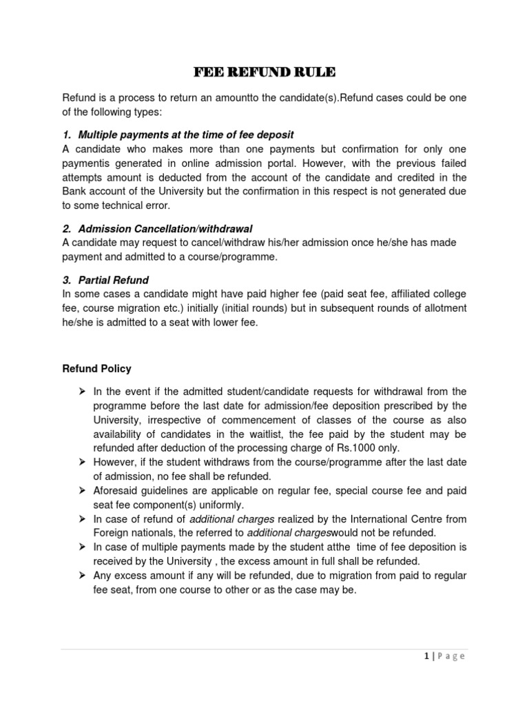 Fee Refund Rule: 1. Multiple Payments at The Time of Fee Deposit | PDF ...