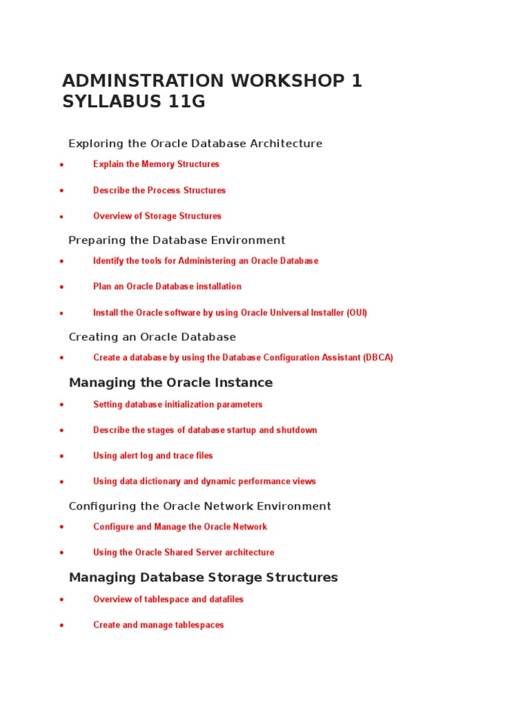 Oracle Workshop 1 Syllabus | PDF | Oracle Database | Backup