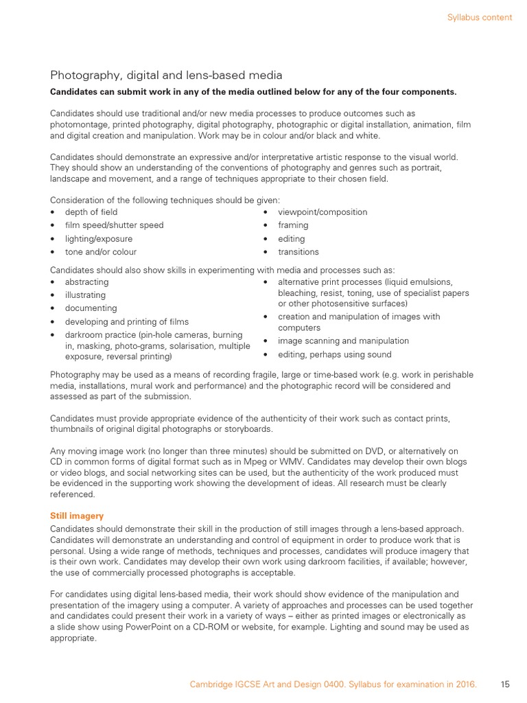 164312-2016-Syllabus Photography, Digital and Lens-Based Media | PDF ...