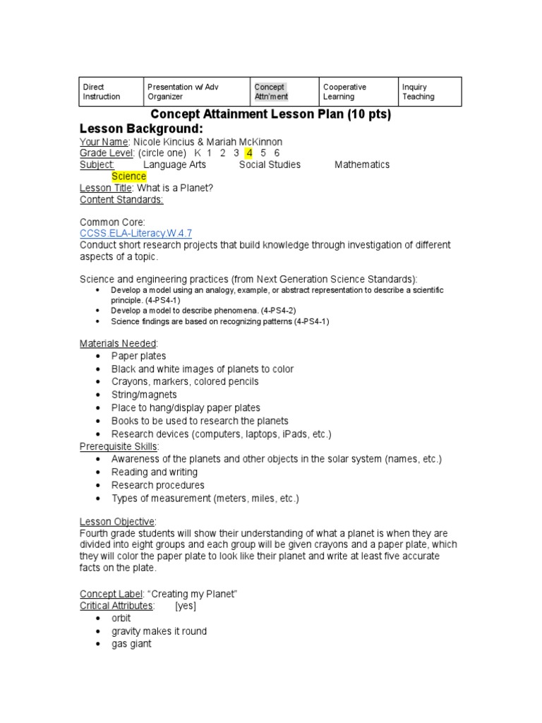 Concept Attainment Lesson | PDF | Planets | Orbit