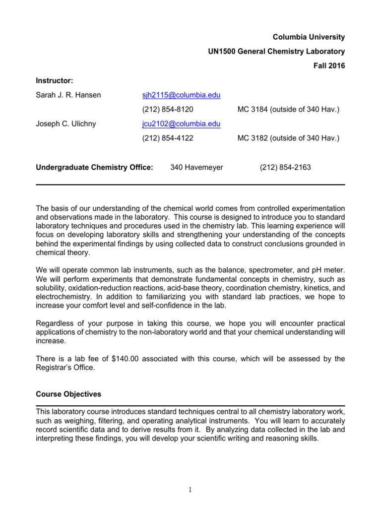 Columbia University UN1500 General Chemistry Laboratory Fall 2016 ...