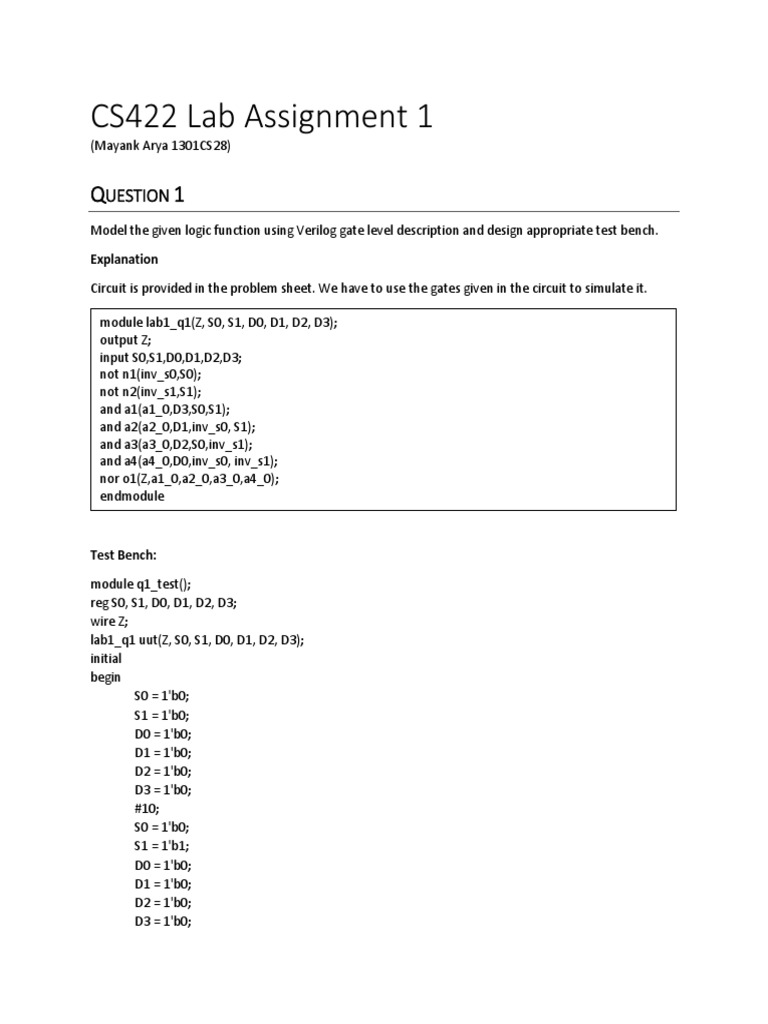 Modeling And Testing Logic Circuits Using Verilog Lab Assignment 1