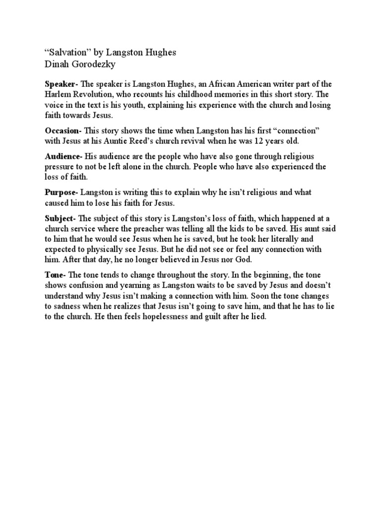 "Salvation" by Langston Hughes Dinah Gorodezky | PDF