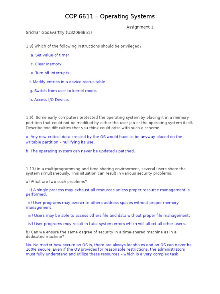 Operating Systems Concepts Chapter 1 Questions Operating System Computer Cluster