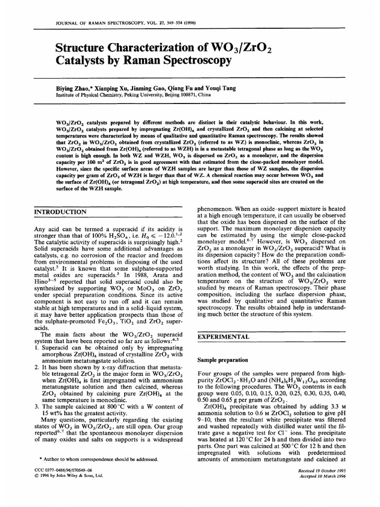 Structure Characterization of W03/ZrO2 Catalysts by Raman Spectros ...
