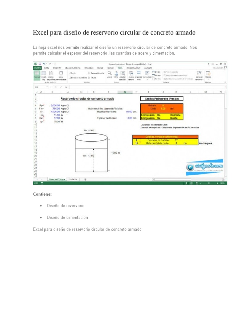 Excel para Diseño de Reservorio Circular de Concreto Armado | PDF