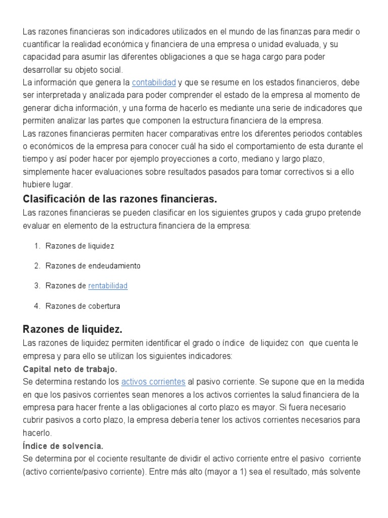 Las Razones Financieras Son Indicadores Utilizados en El Mundo de Las Finanzas para Medir o ...