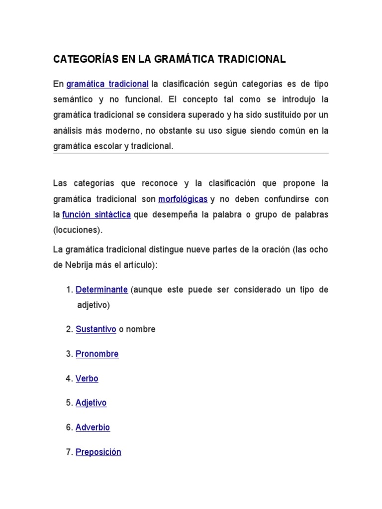 Categorías en La Gramática Tradicional | PDF