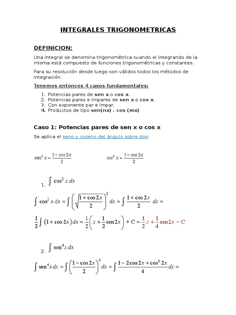 Integrales Trigonométricas: Casos y Ejemplos | PDF | Métodos y ...