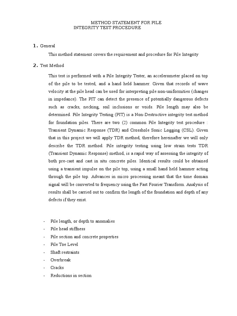 Method Statement For Pile Integrity Test Procedure | PDF | Engineering ...
