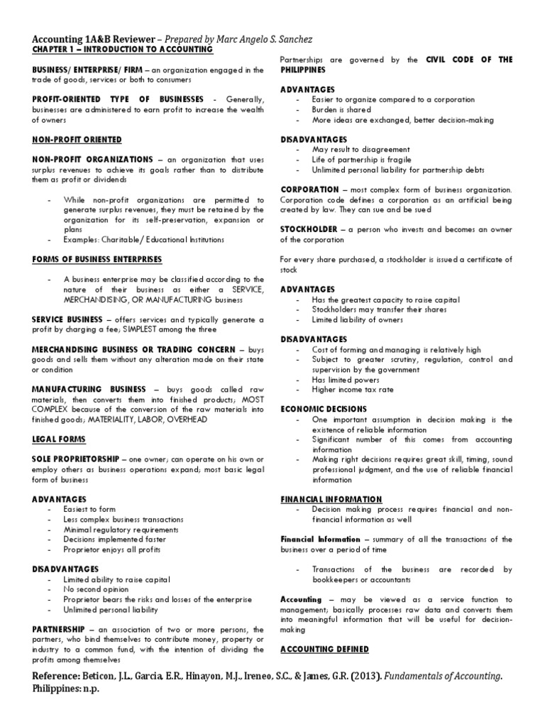 Acct1a&b Chapter 1 Reviewer | PDF | Partnership | Accounting
