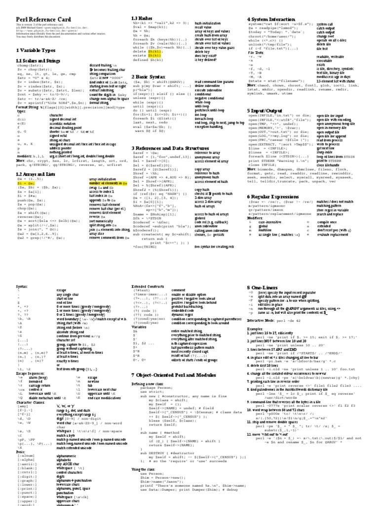 Perl Refcard 1 | Regular Expression | Notation Perl Refcard 1 | Regular Expression | Notation