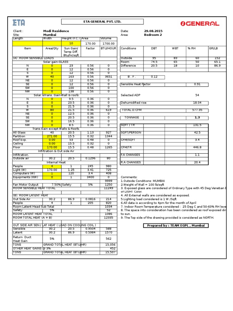 Heat Load Calculation Sheet | PDF