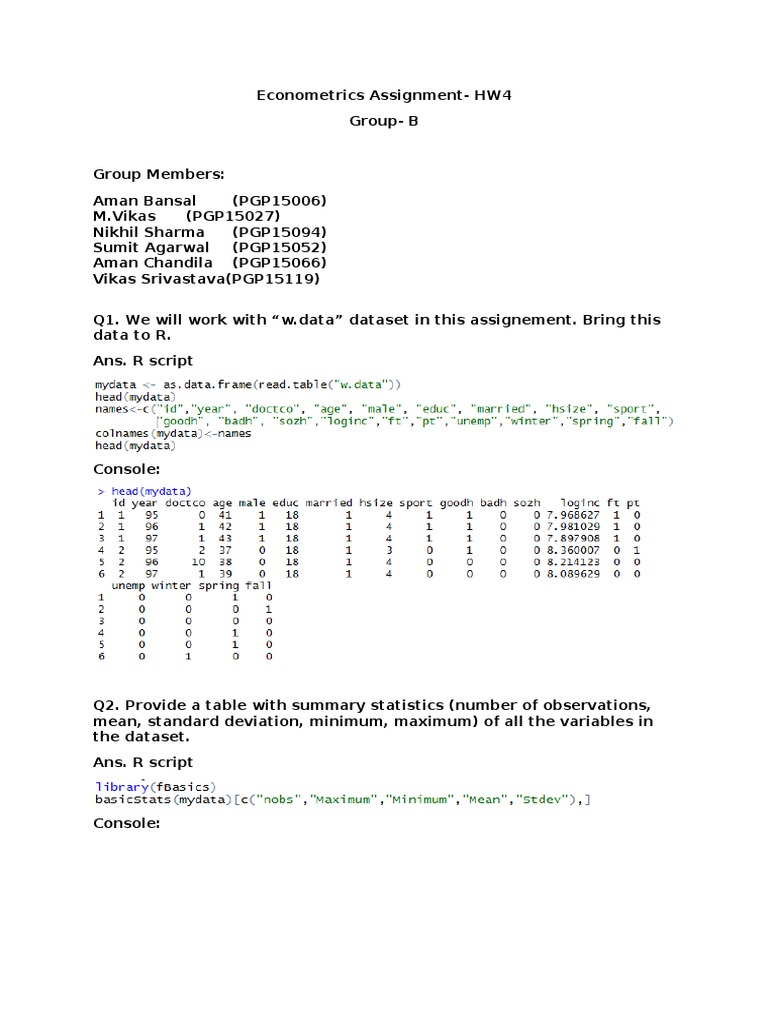 Econometrics Assignment Hw4 Pdf P Value Statistical Hypothesis Testing 
