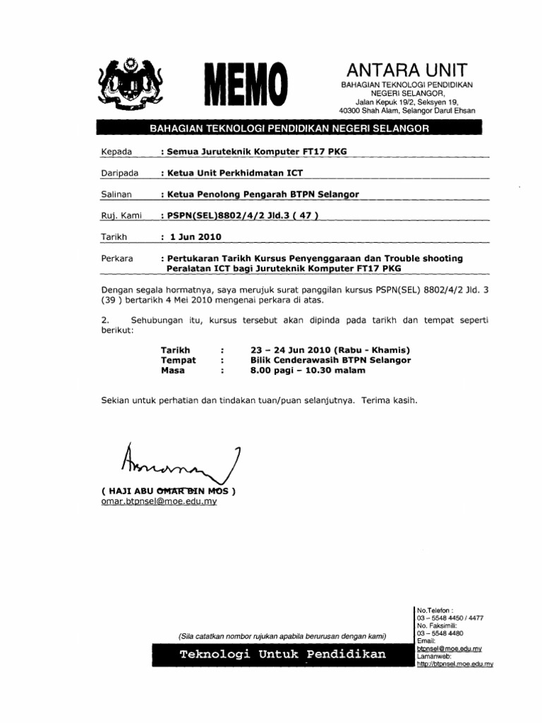 Memo Tukar Tarikh Kursus Penyenggaraan Dan Troubleshooting | PDF