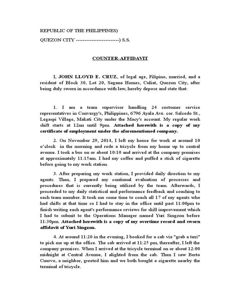 Counter Affidavit CA-murder | Murder | Common Law