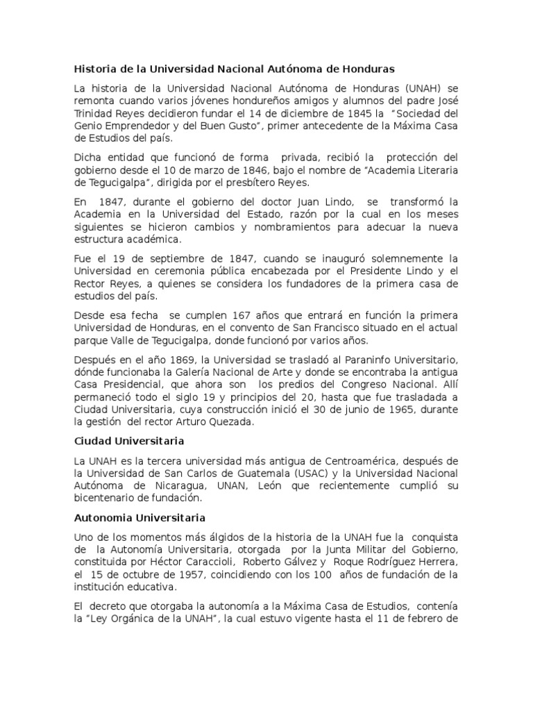 Historia de La Universidad Nacional Autónoma de Honduras | PDF ...