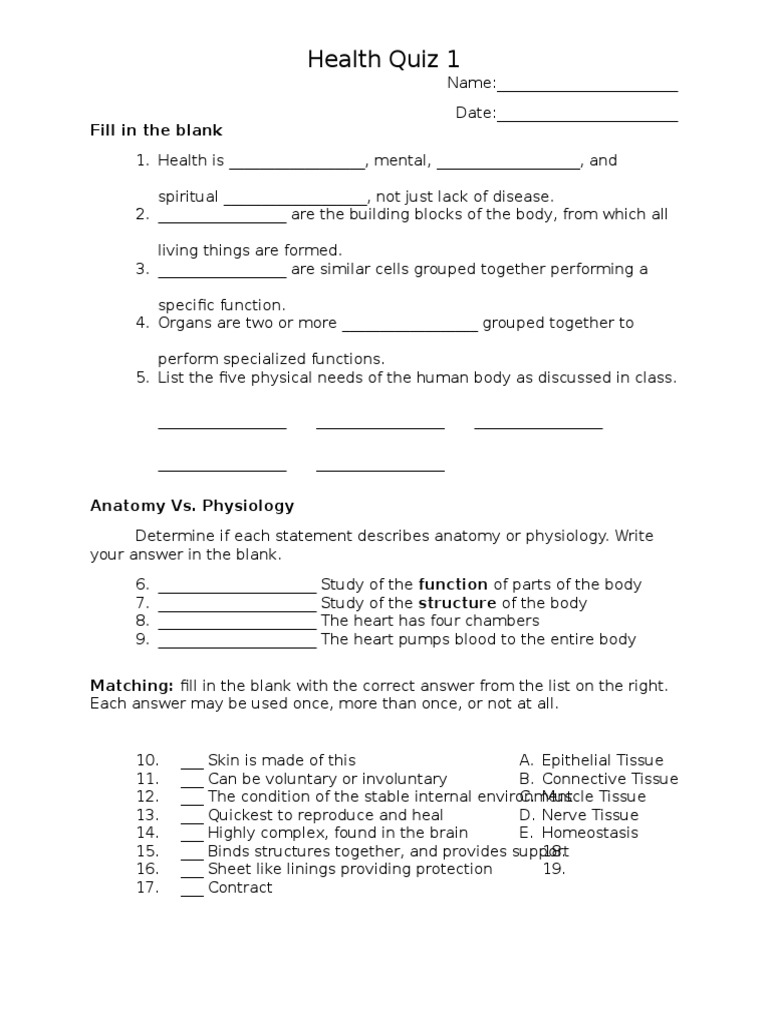 Student Health Quiz Worksheet | PDF