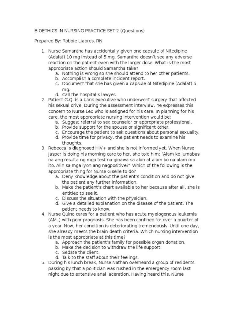 Bioethics in Nursing Practice Set 2 (Questions) | PDF | Patient ...