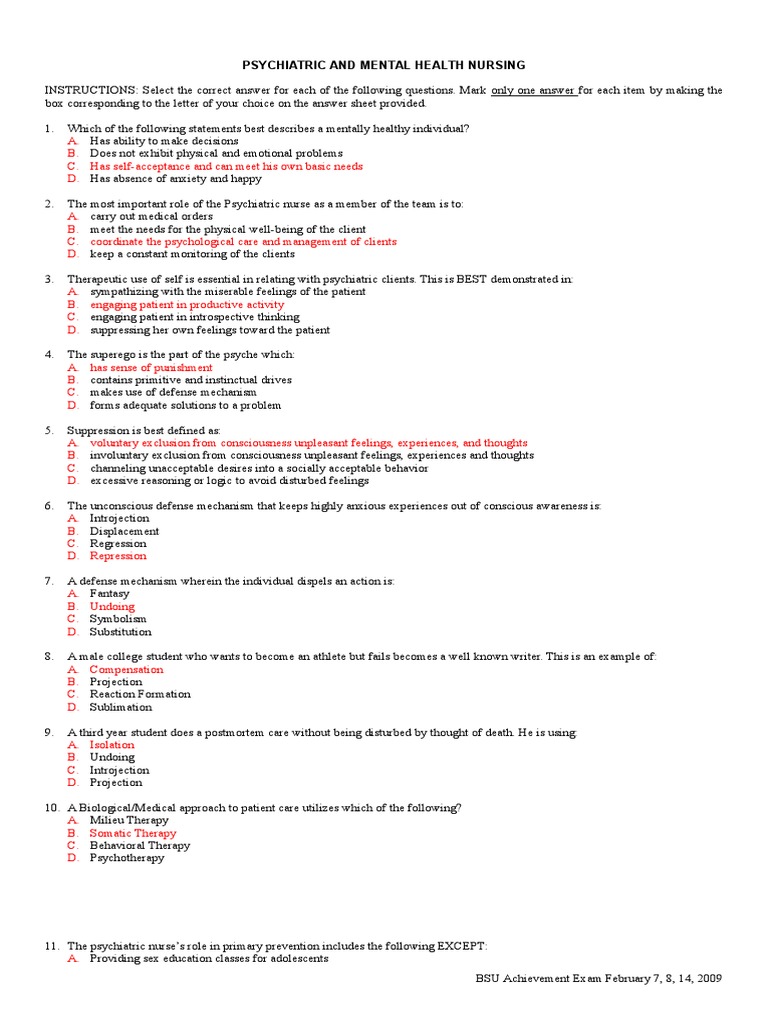 Psychiatric and Mental Health Nursing Answer Key | PDF | Anxiety ...