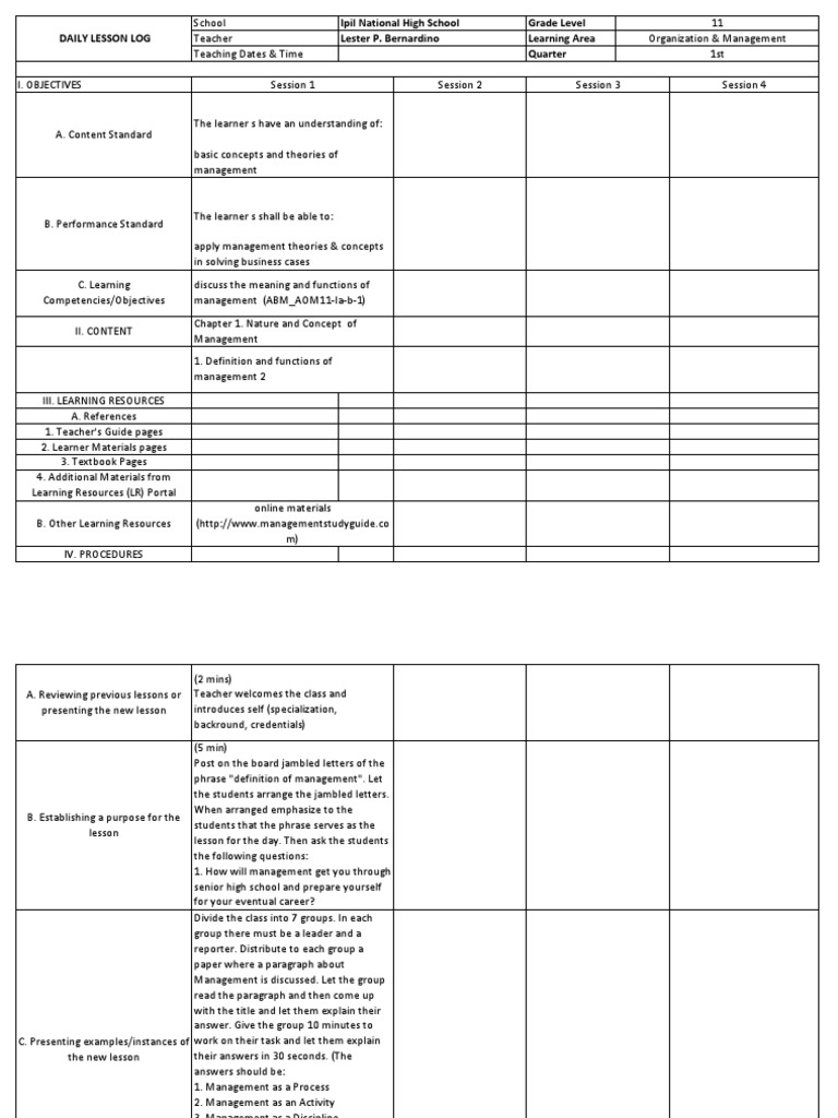 Daily Lesson Log Organization & Management | PDF | Pedagogy | Cognition