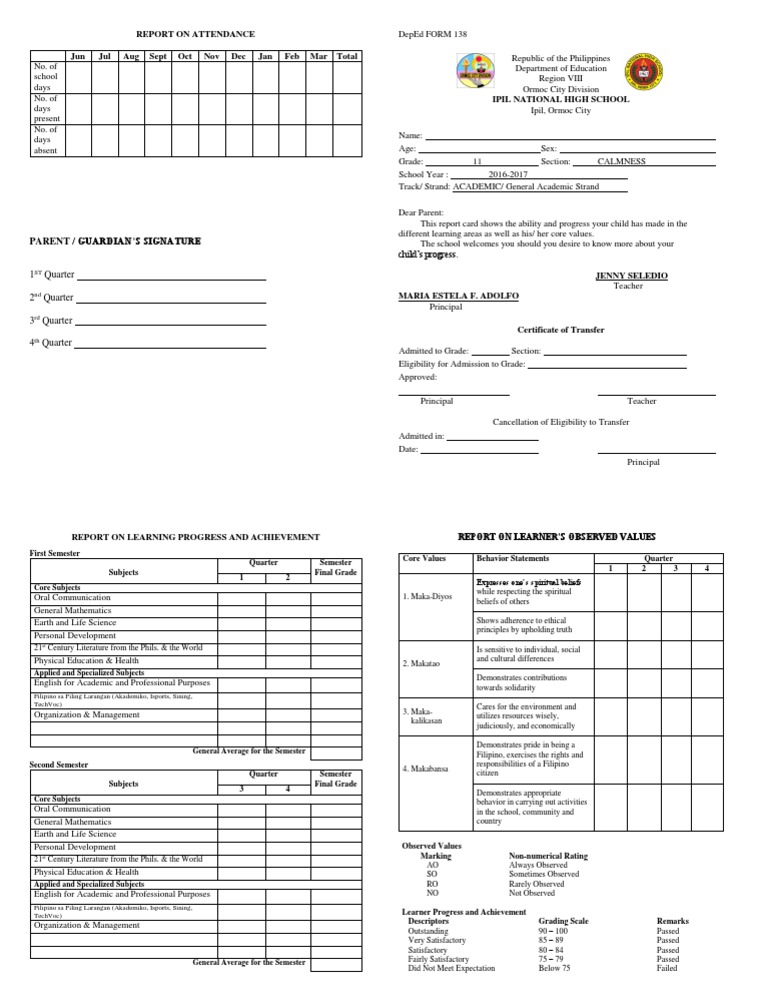 REPORT CARD SENIOR HIGH | Learning | Psychological Concepts
