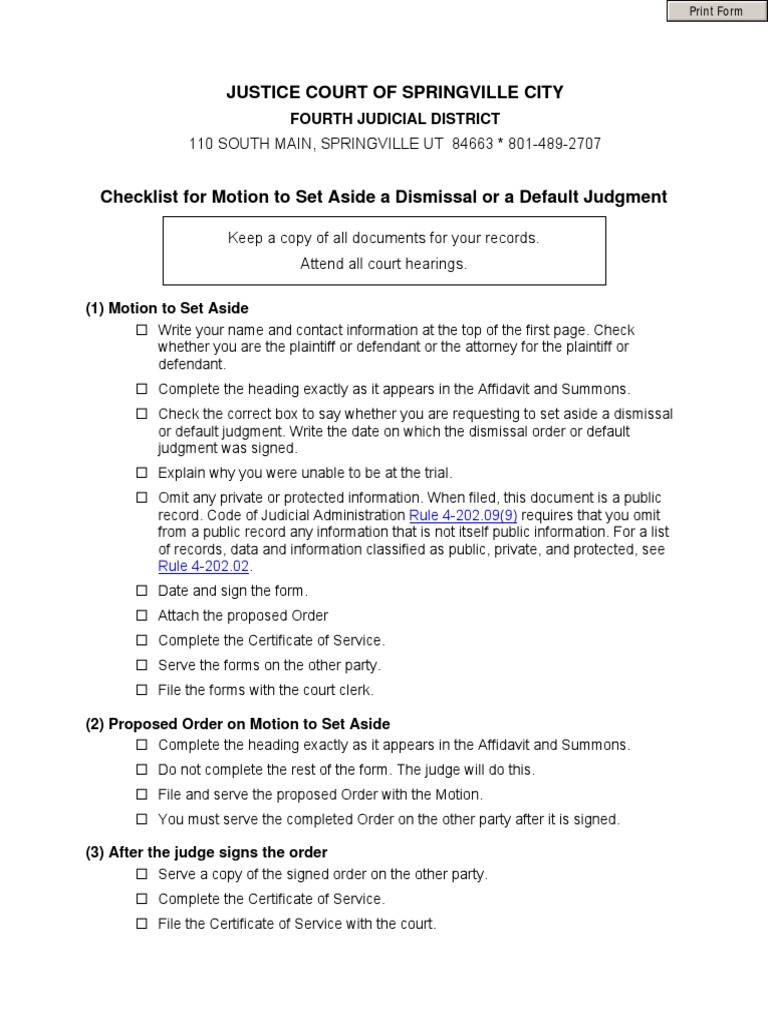Set Aside Dismissal or Default Judgment Packet PDF | PDF | Default Judgment | Service Of Process