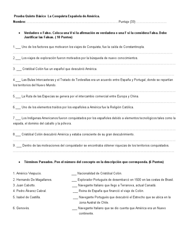 Prueba sobre la Conquista de América | PDF | Colonización de las ...