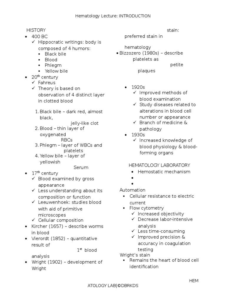 Hematology Lec Intro | PDF | Blood Cell | Blood