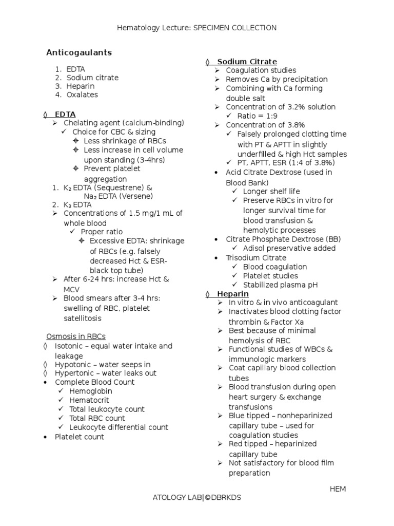 Hematology Lec Specimen Collection | PDF | White Blood Cell | Blood