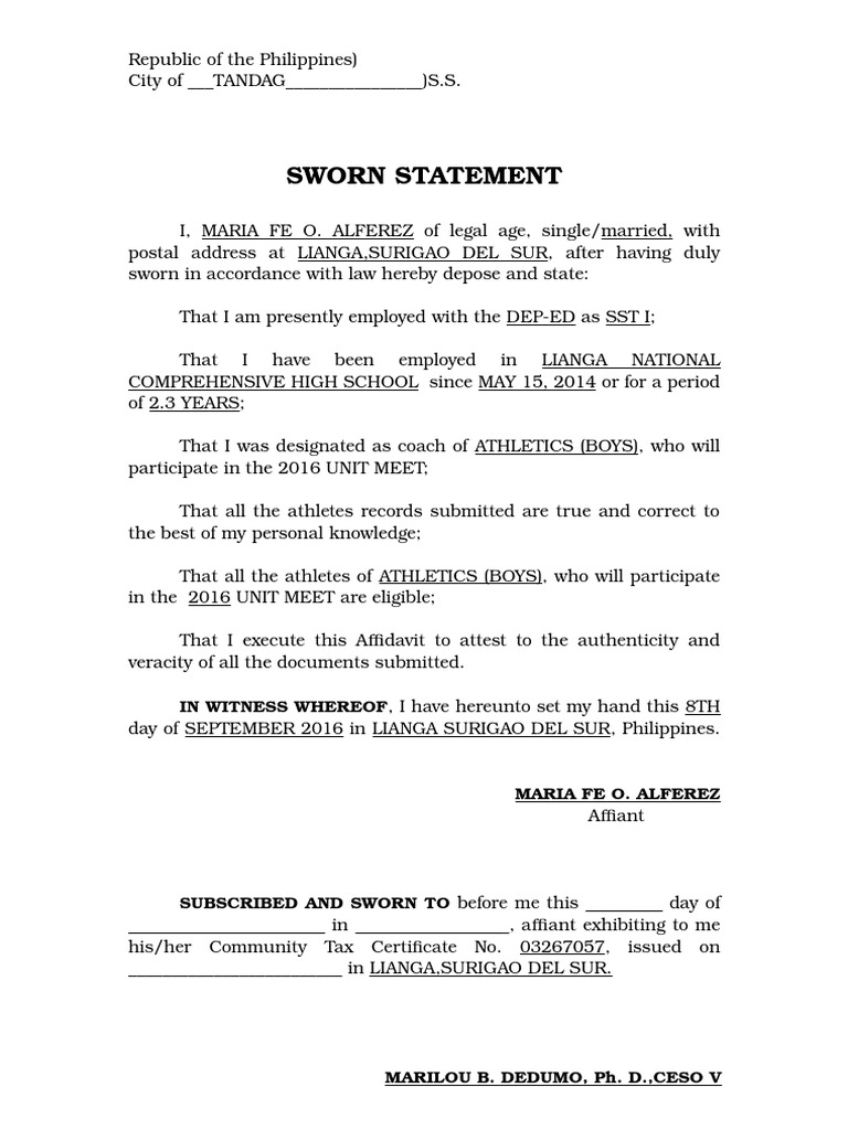 Sworn Statement: IN WITNESS WHEREOF, I Have Hereunto Set My Hand This ...