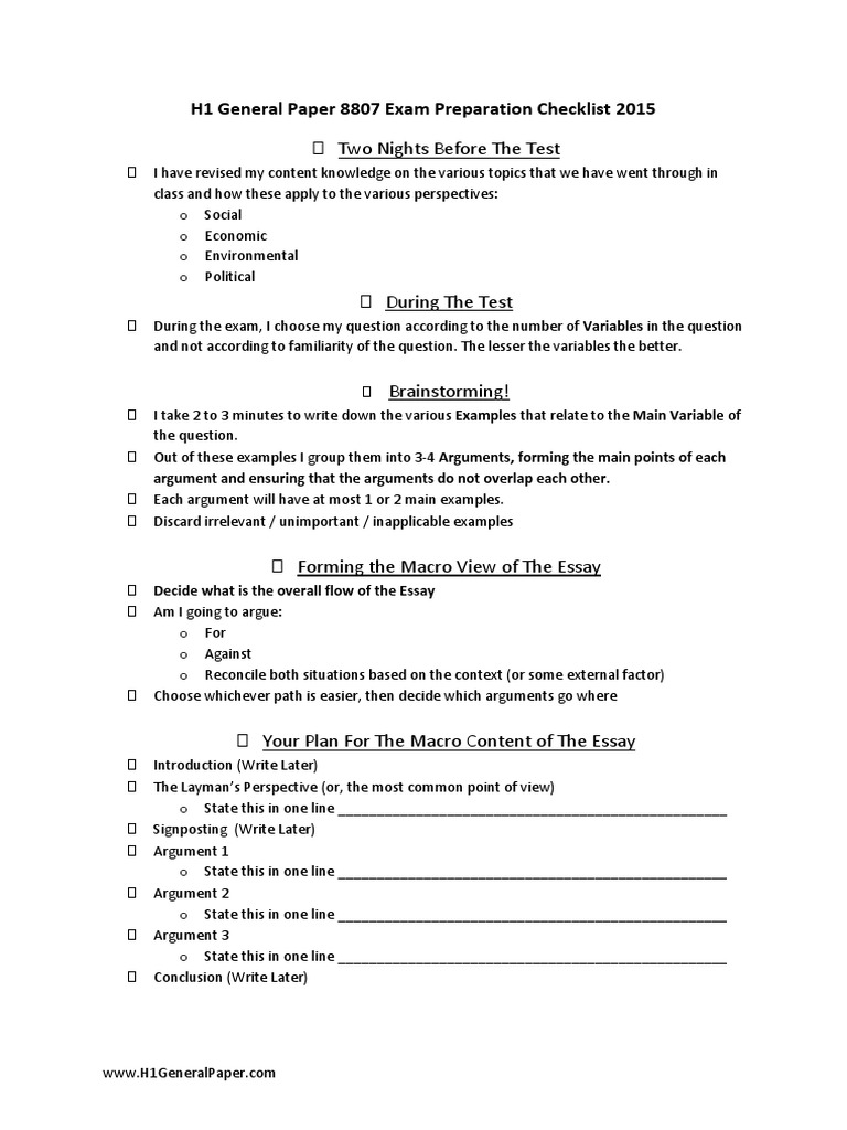 H1 General Paper 8807 - Exam Preparation Checklist 2015 | PDF | Essays ...
